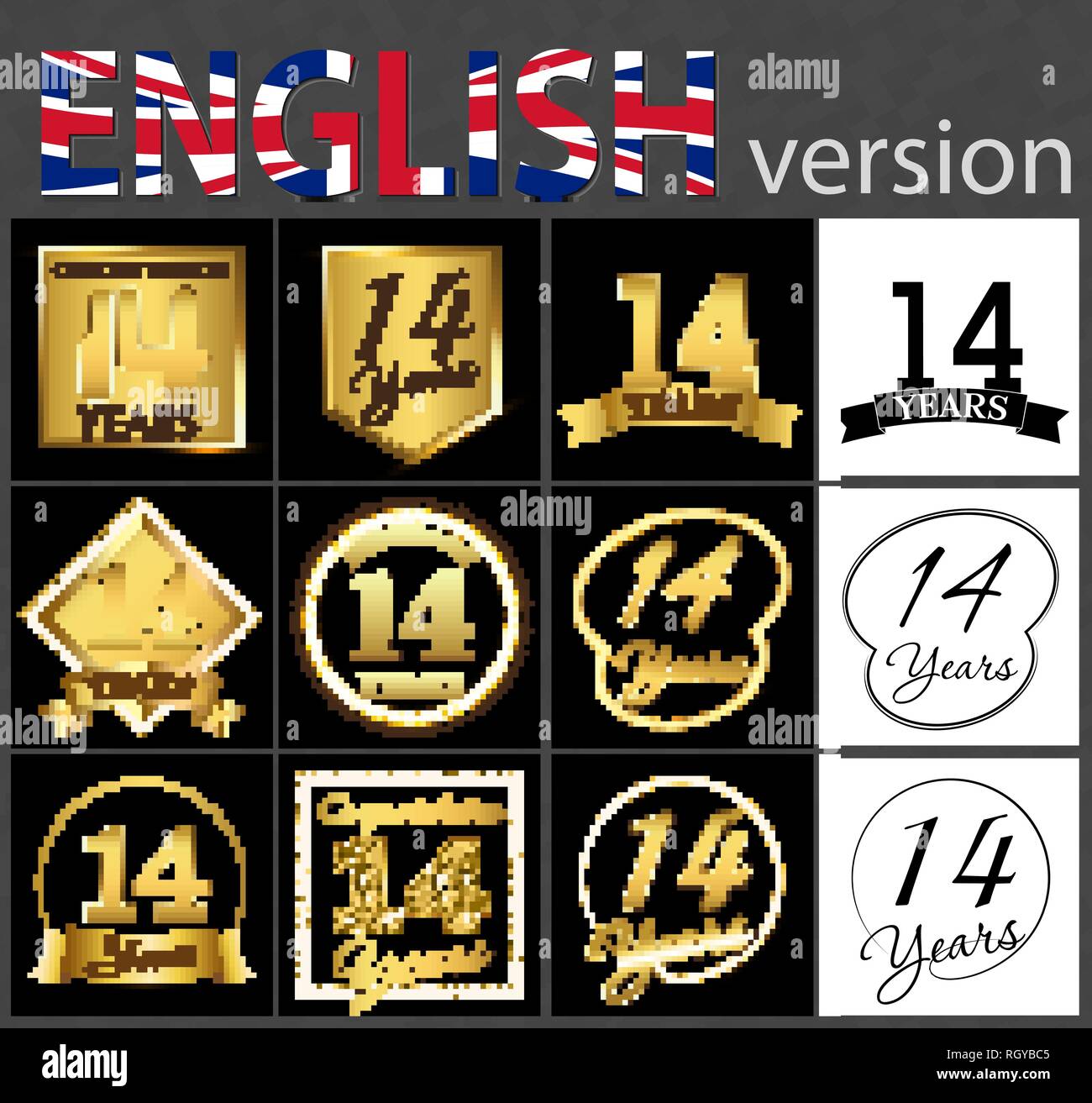 Set of number 14 years (fourteen years) celebration. Anniversary golden ...
