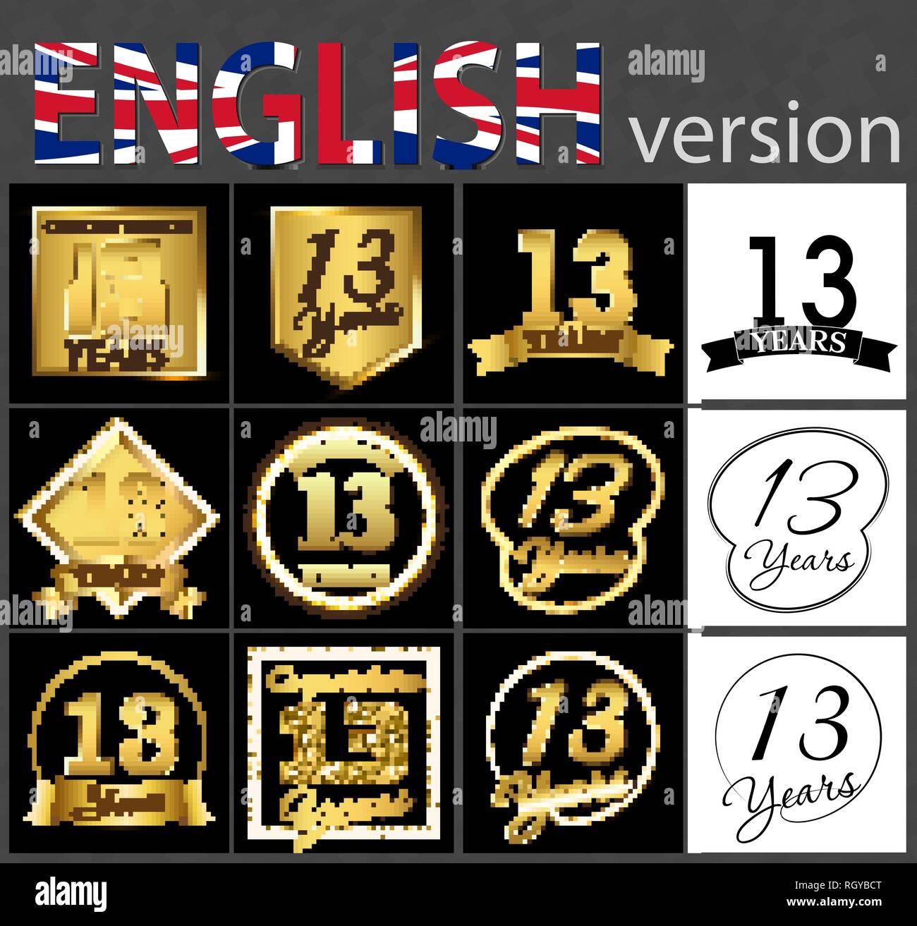 Set of number 13 years (thirteen years) celebration. Anniversary golden ...