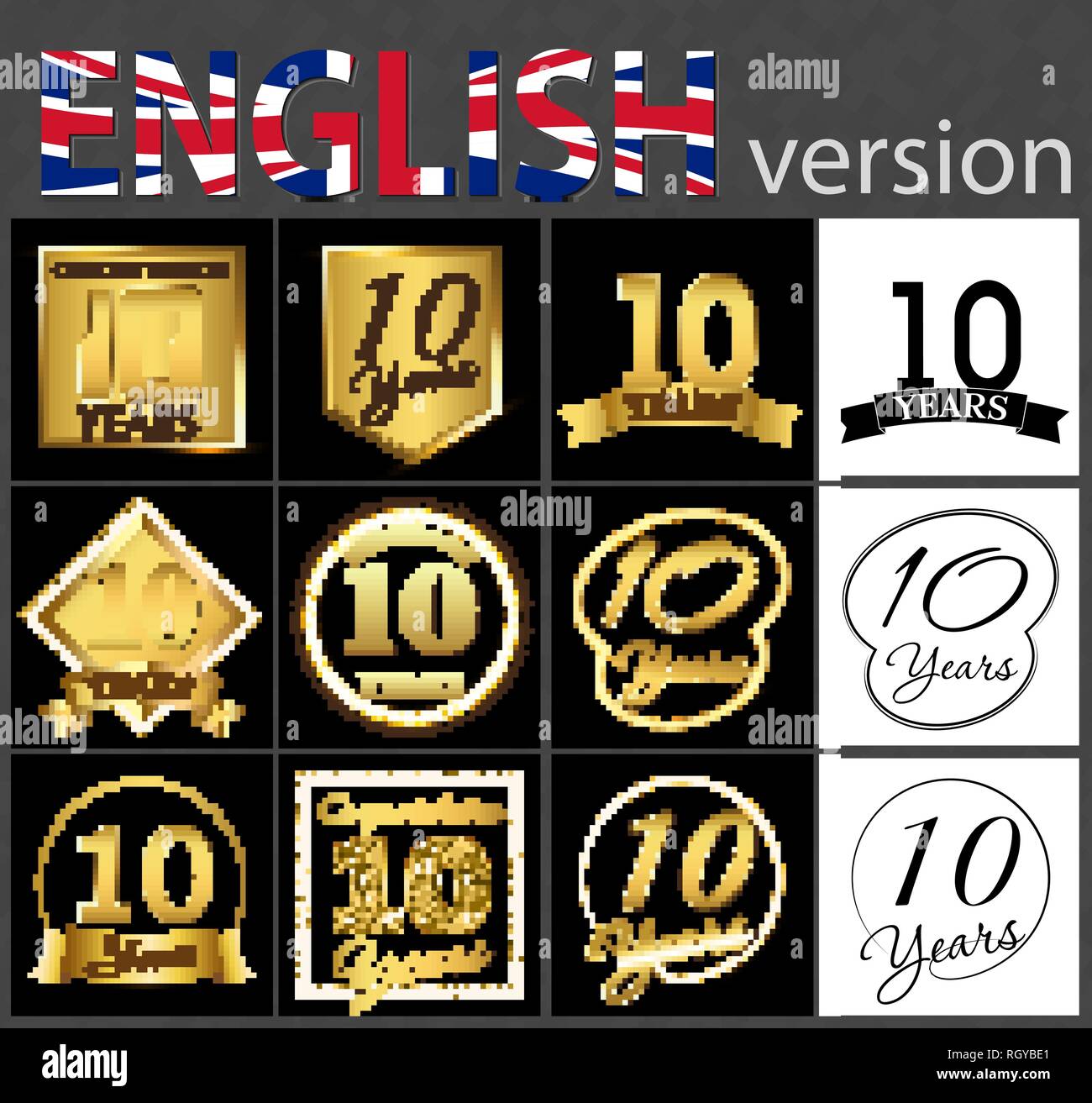 Set of number 10 years (ten years) celebration. Anniversary golden ...