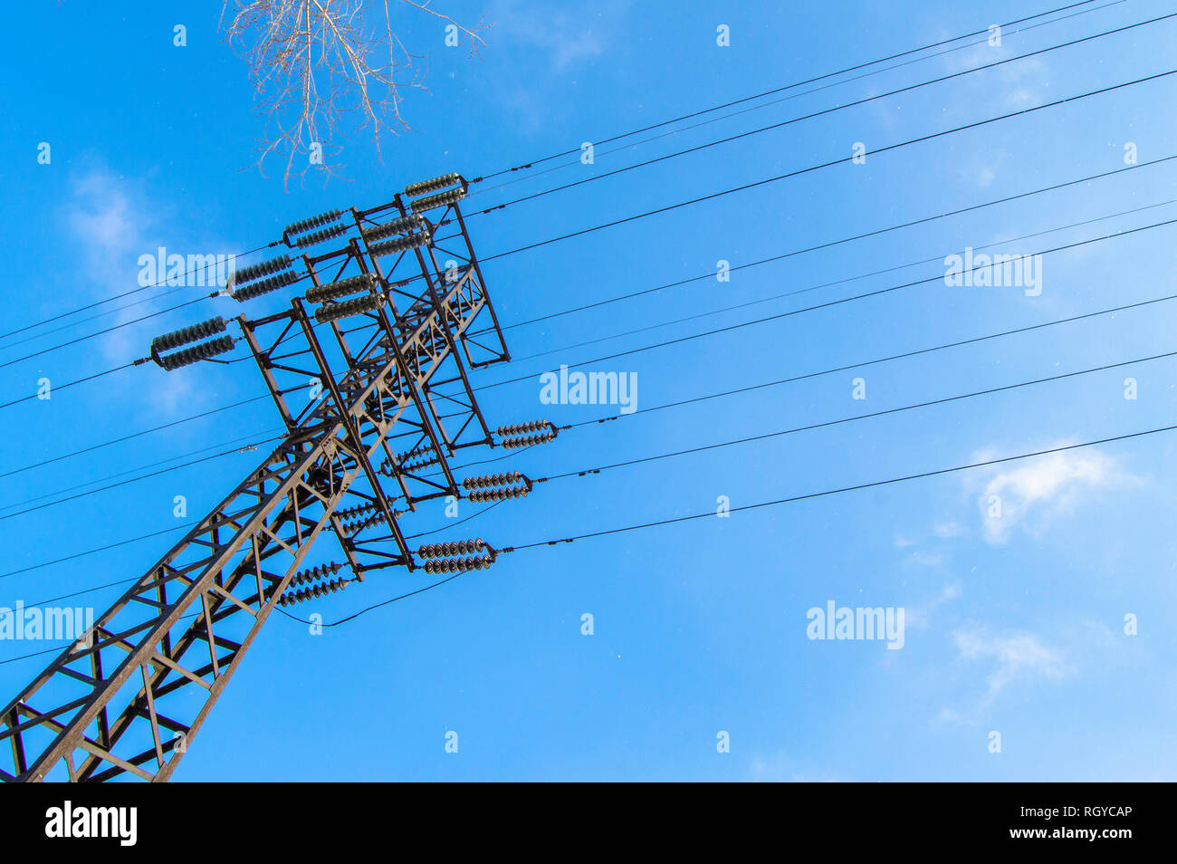 High-voltage power line 110 kV, metal support, wires, insulators ...