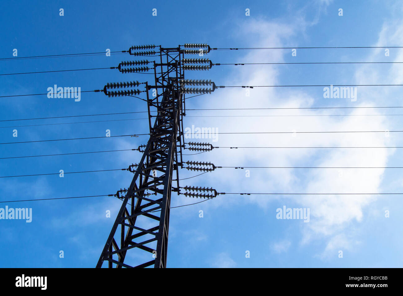 High-voltage power line 110 kV, metal support, wires, insulators ...