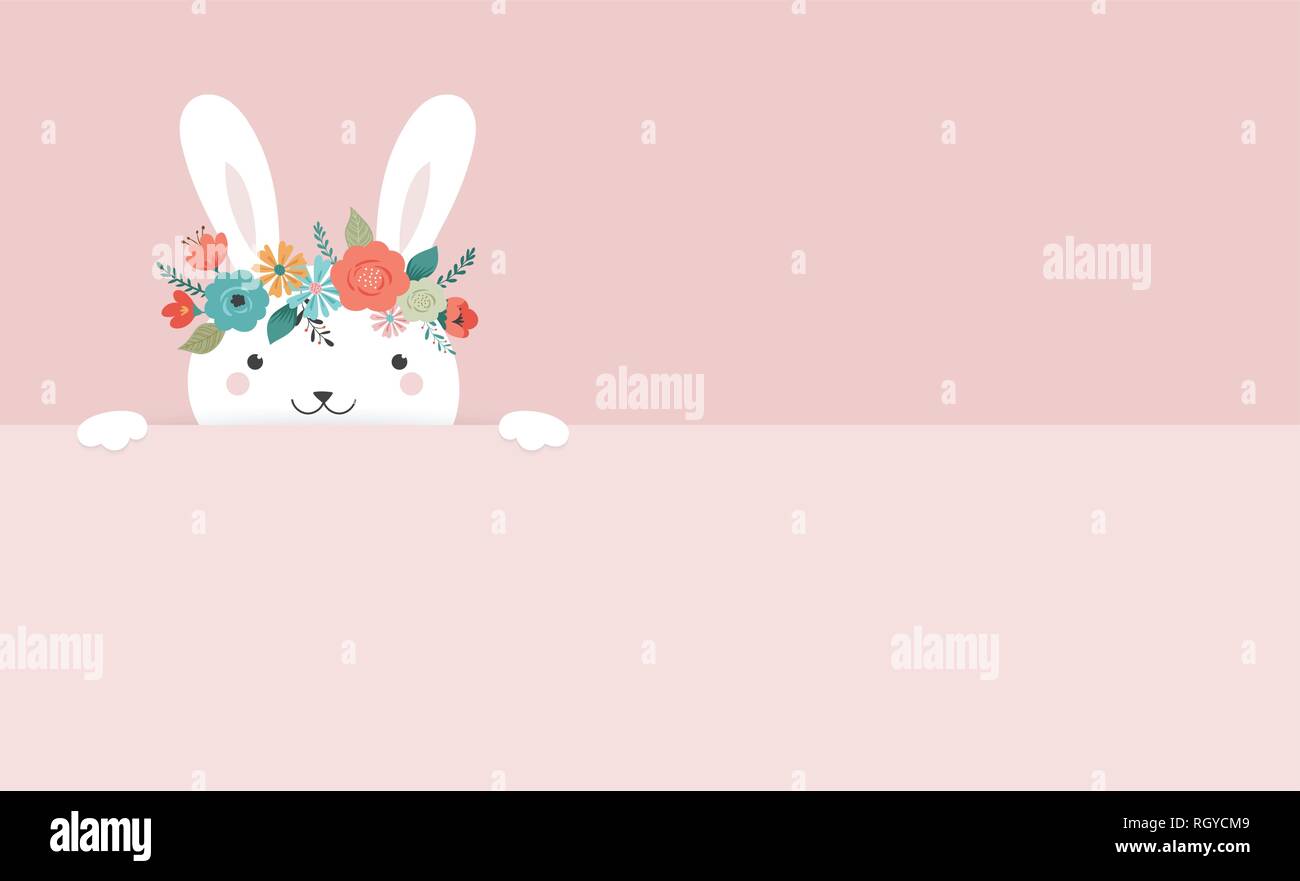 Happy Easter card - cute bunny with flower crown, vector illustration ...