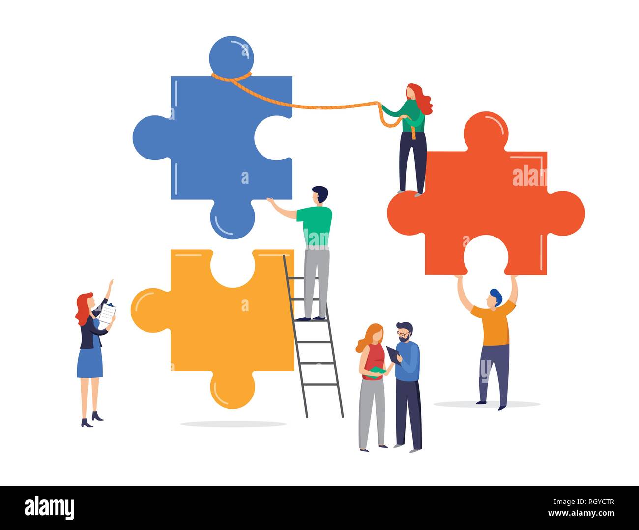 Tiny people connecting giant puzzle elements. Teamwork concept ...
