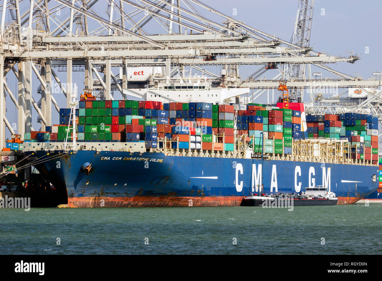 ROTTERDAM - MAR 16, 2016: CMA CGM Container ship being loaded by gantry ...