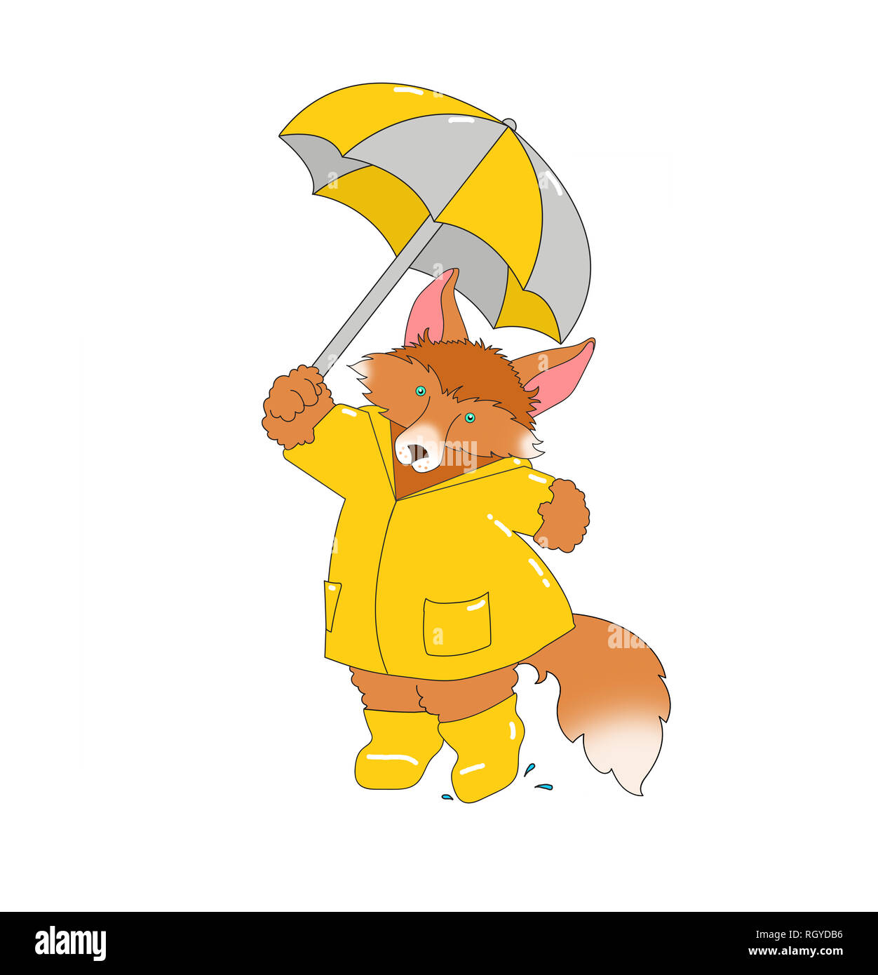 Illustration of a cute fox wearing raincoat and boots and holding an ...
