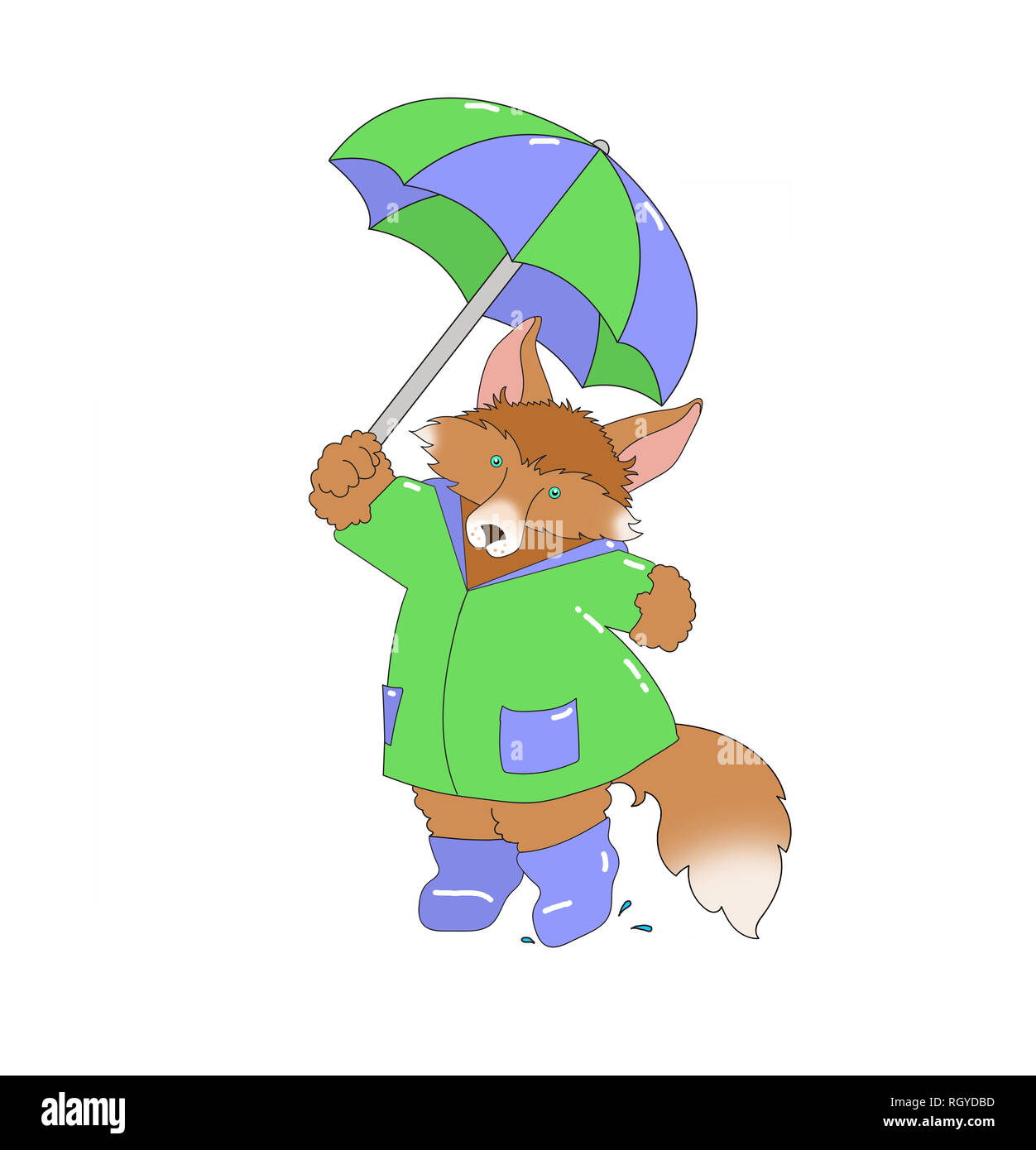 Illustration of a cute fox wearing blue and green raincoat and boots ...