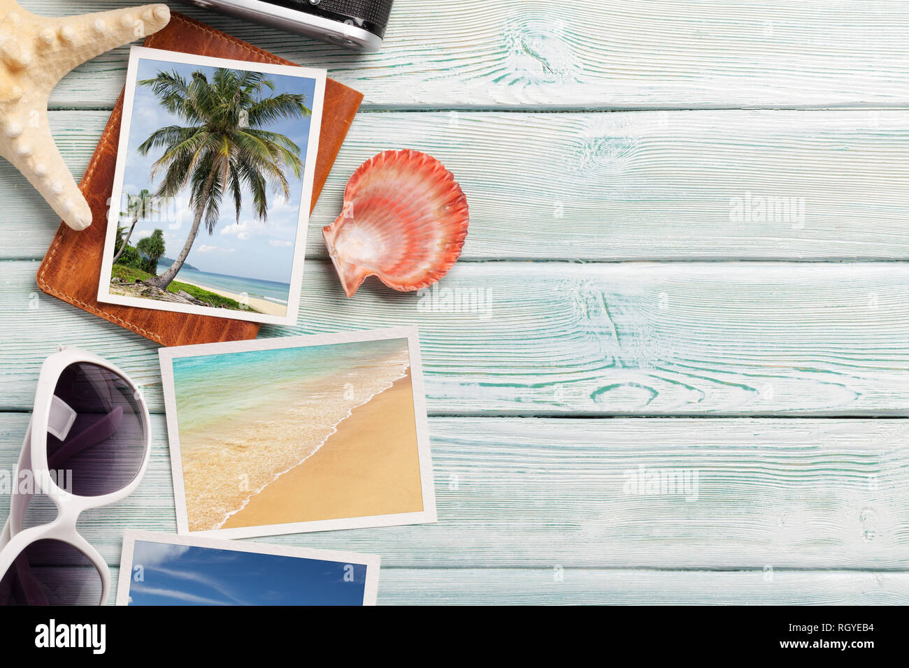 Travel vacation background concept with sunglasses, camera and weekend ...