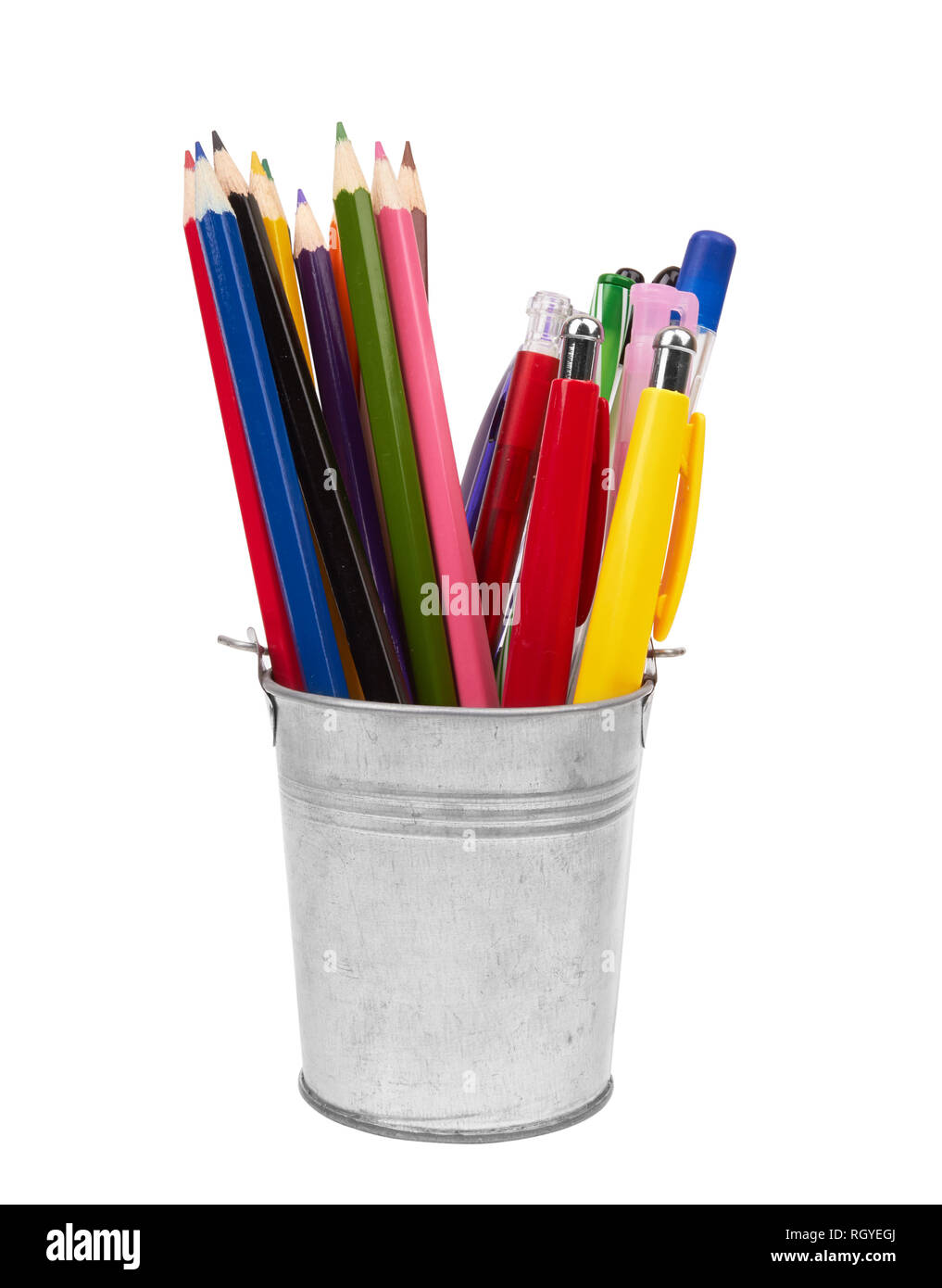 A set of colored pens in a bucket isolated on a white background Stock ...