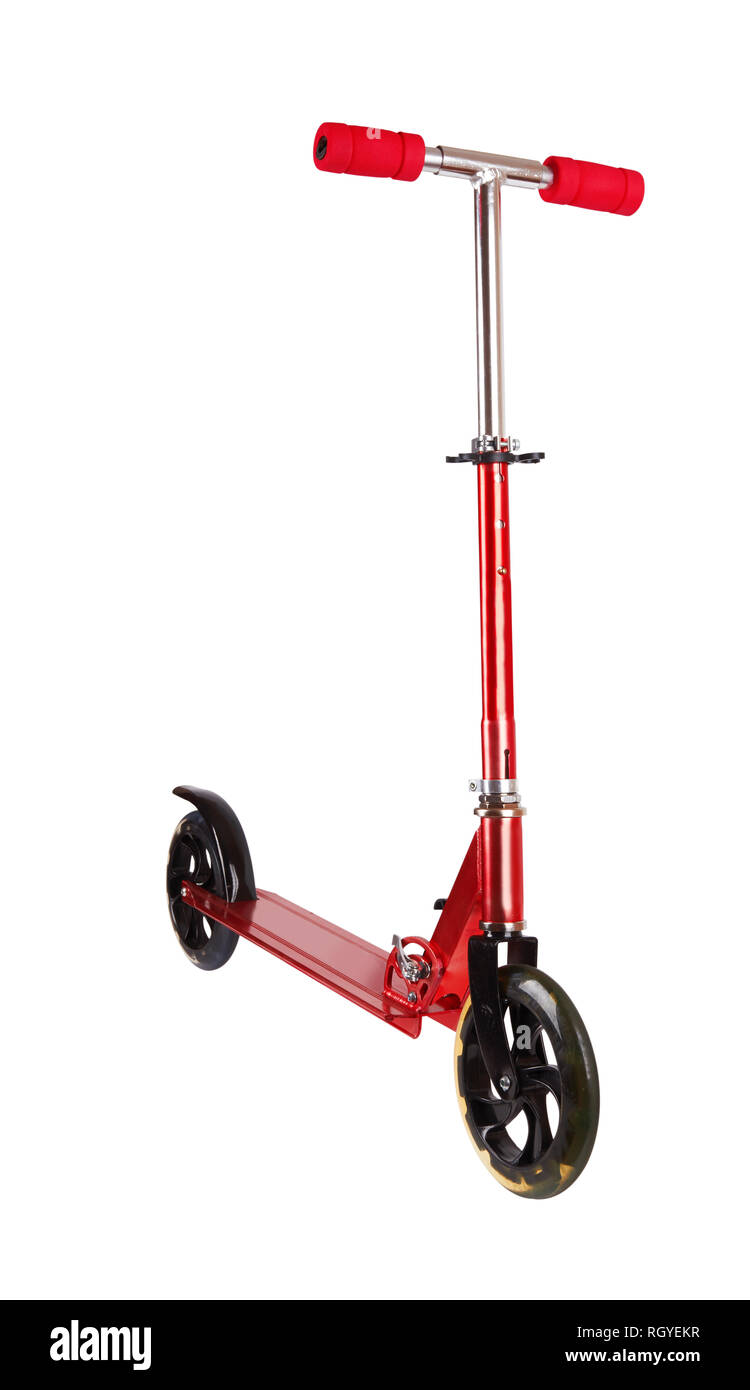 Red metal scooter isolated on white background Stock Photo - Alamy