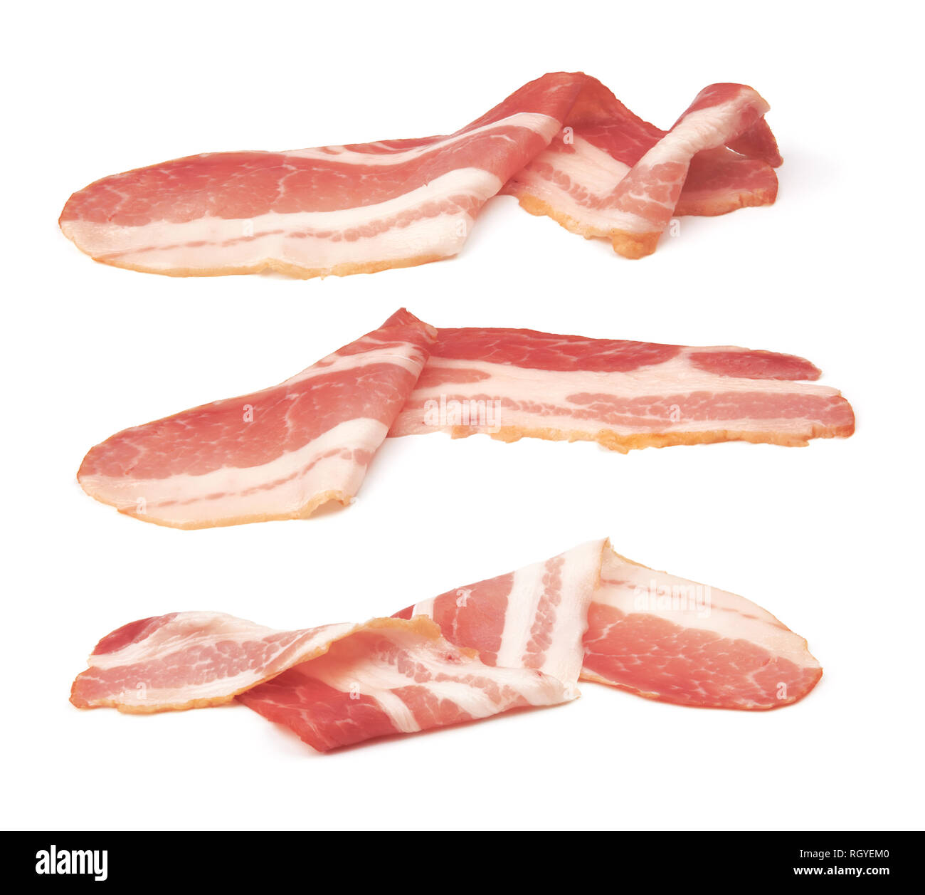 Fresh sliced bacon on white background Stock Photo - Alamy