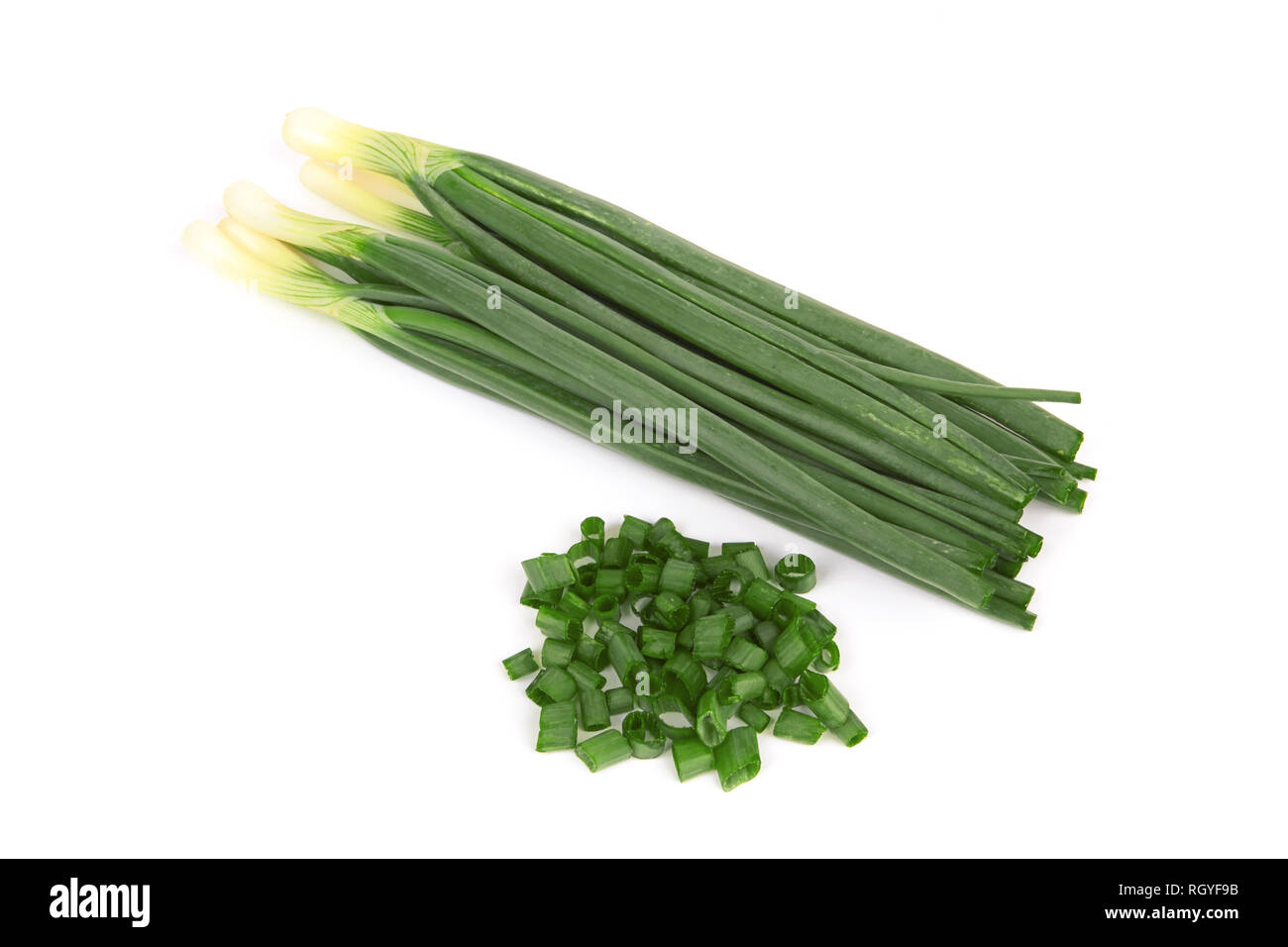 close up image of chopped spring onions on a white background Stock ...