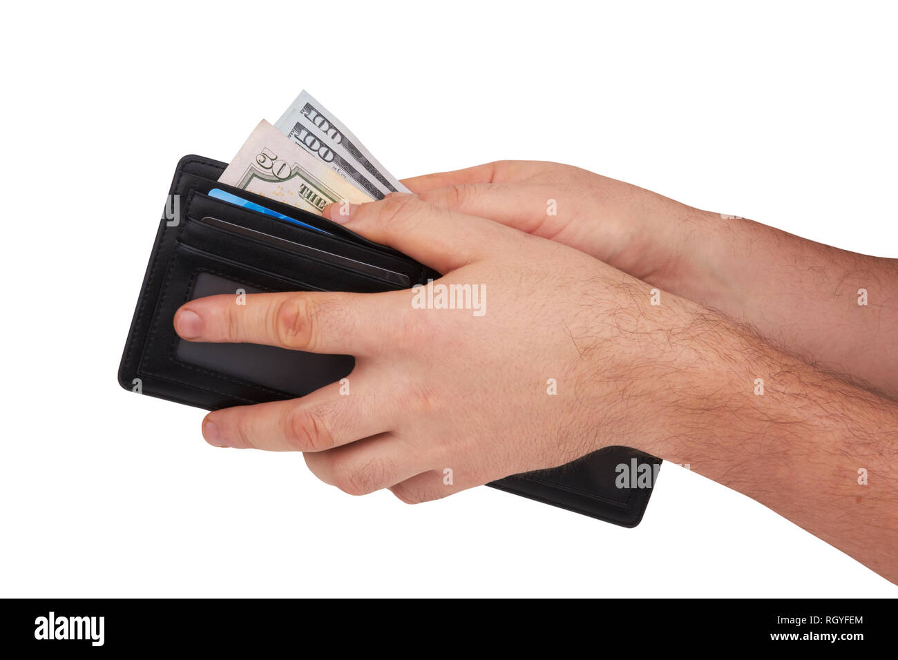 Open wallet in man hands isolated on white background Stock Photo - Alamy