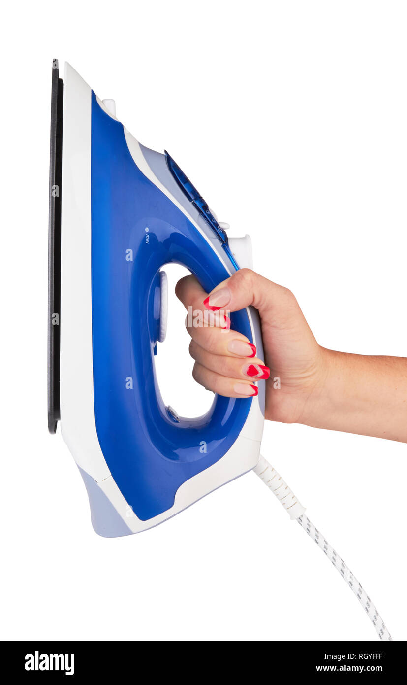 hand holding iron isolated on white background Stock Photo - Alamy