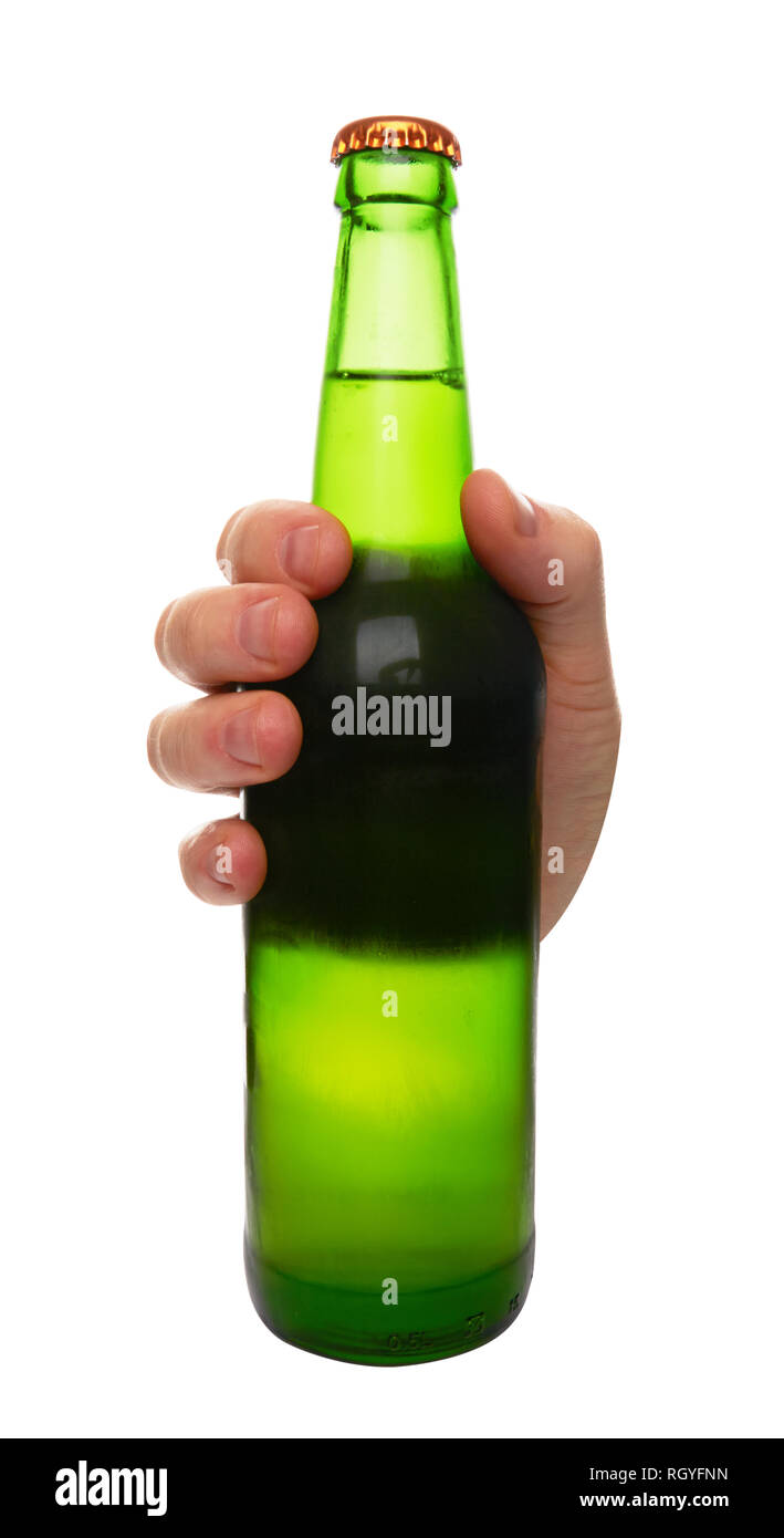 green beer bottle without label in hand isolated on white background ...