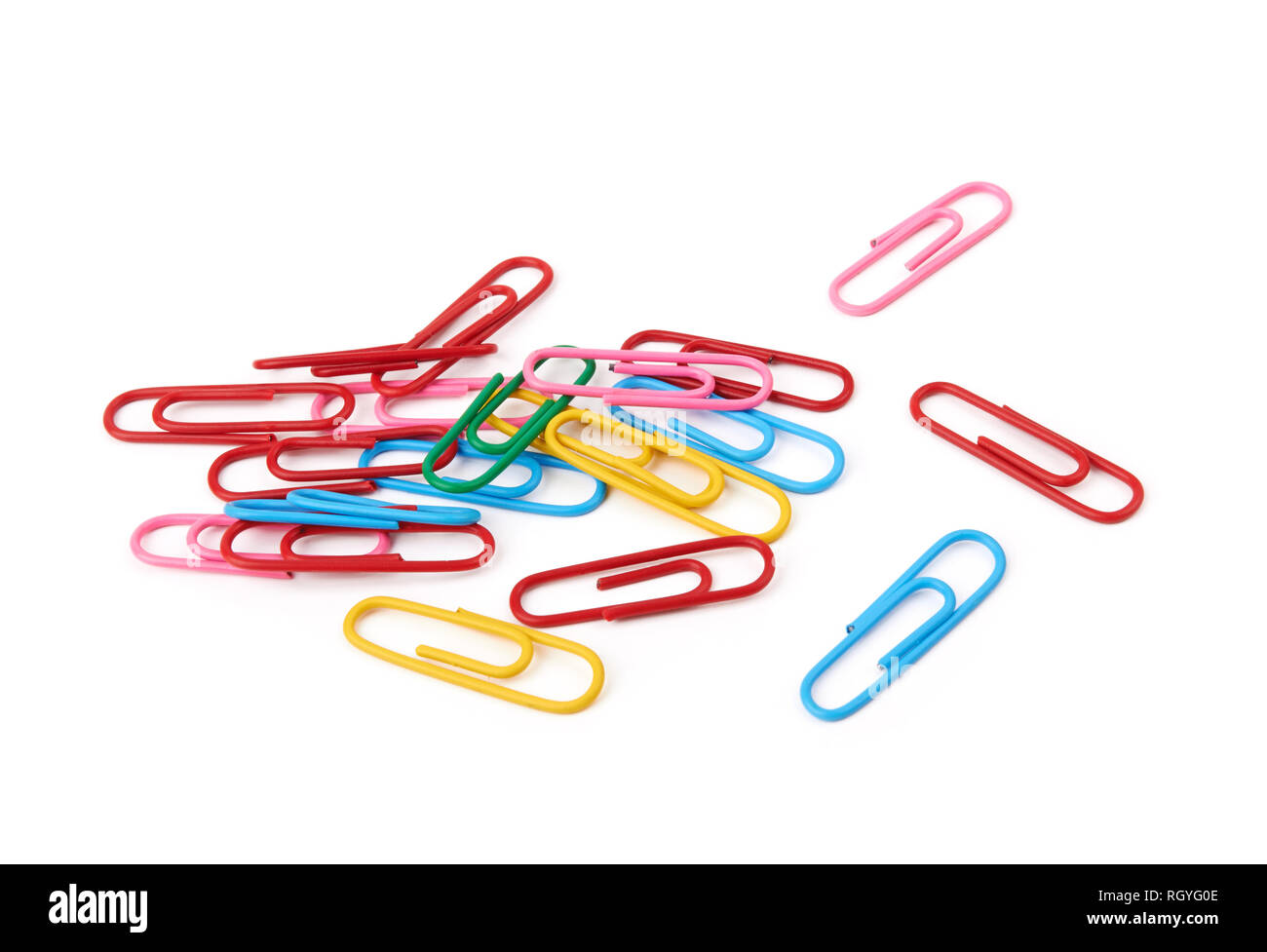 Many paper clips laid out together against a white background Stock ...
