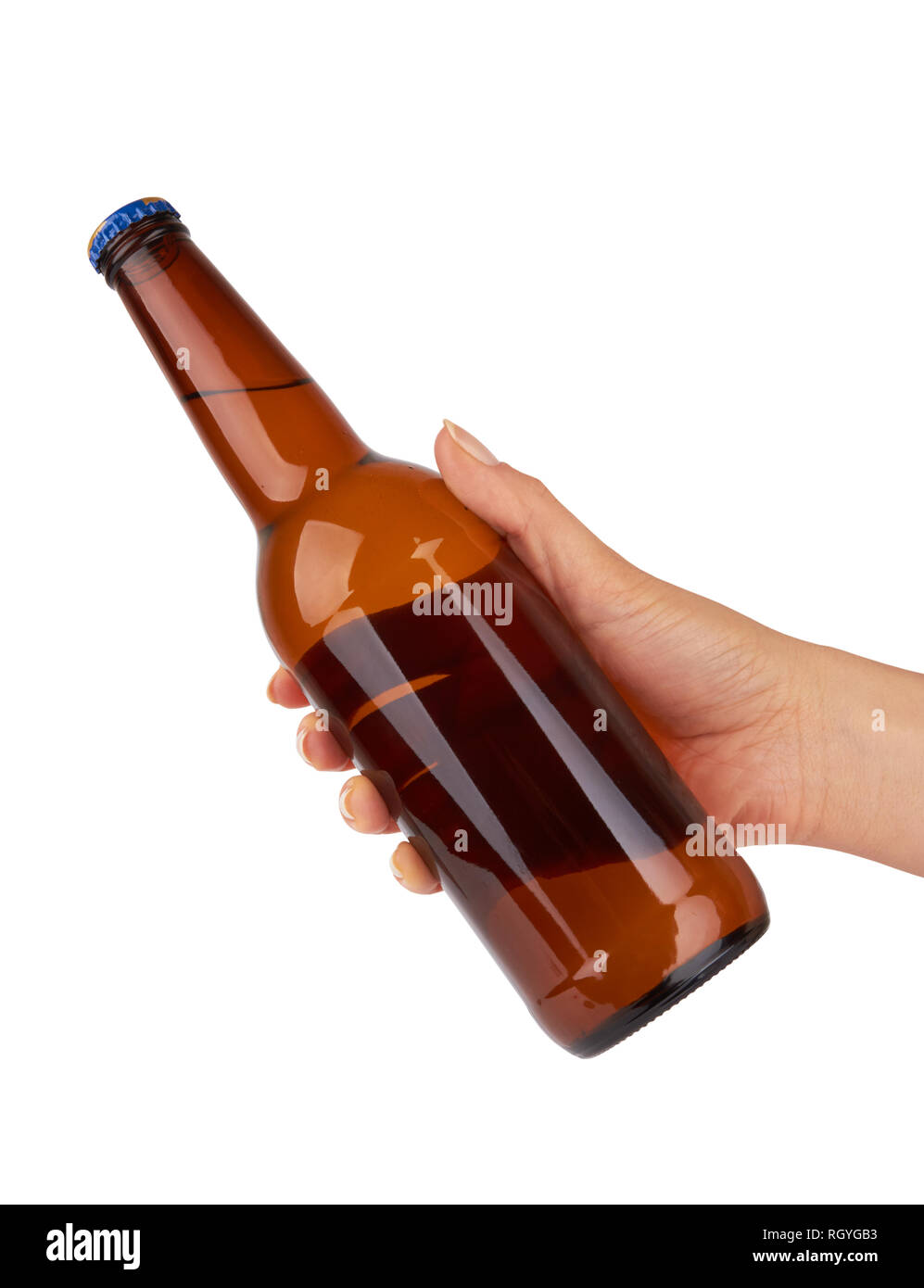 hand holding a beer bottle without label isolated on white background ...
