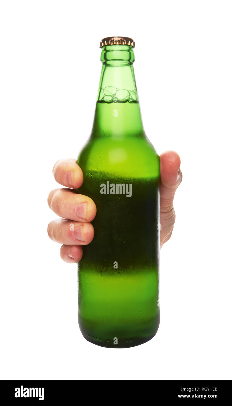 hand holding a green beer bottle without label isolated on white ...