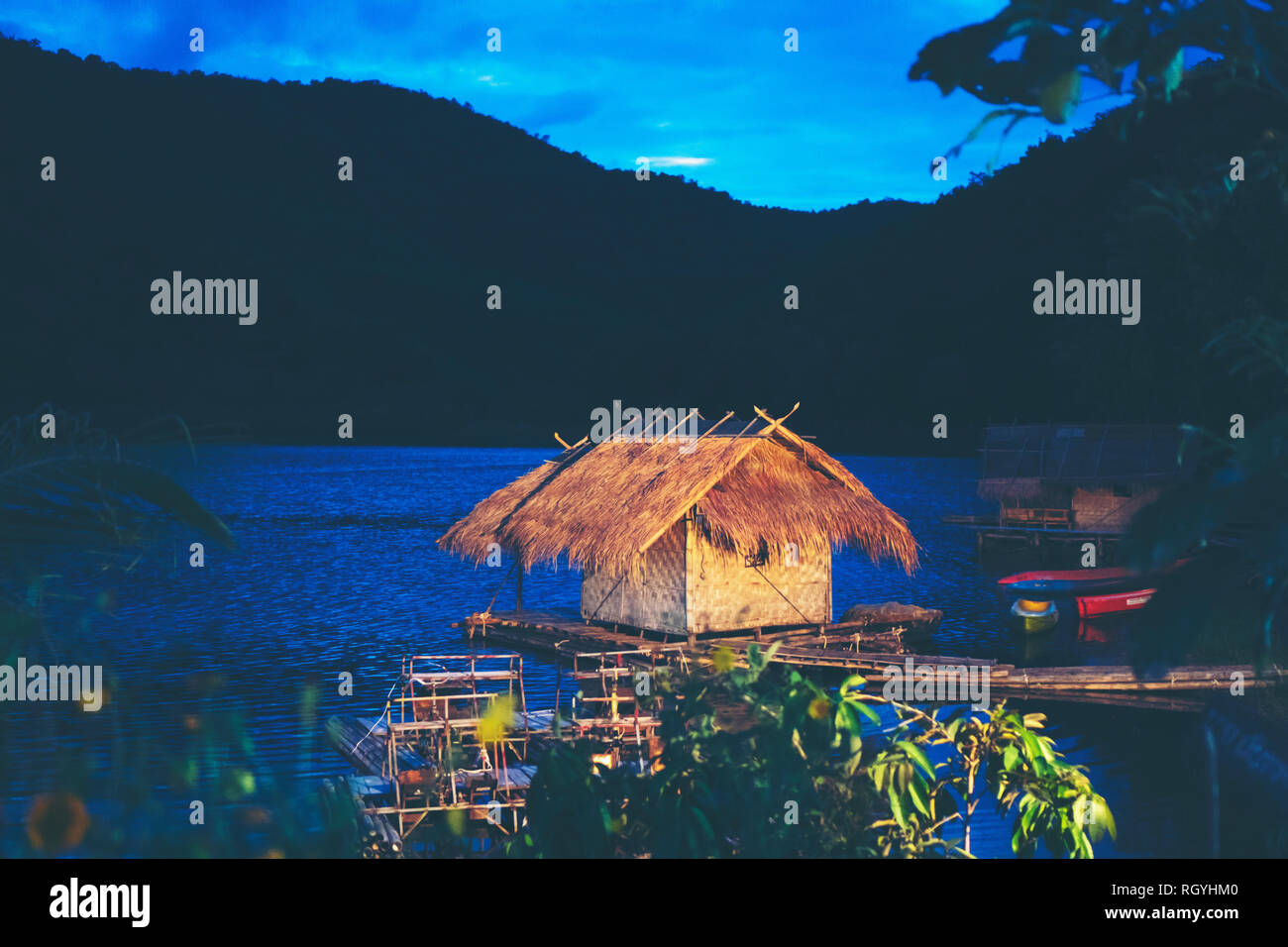 The floating house rafting at the river, landscape Travel concept Stock ...