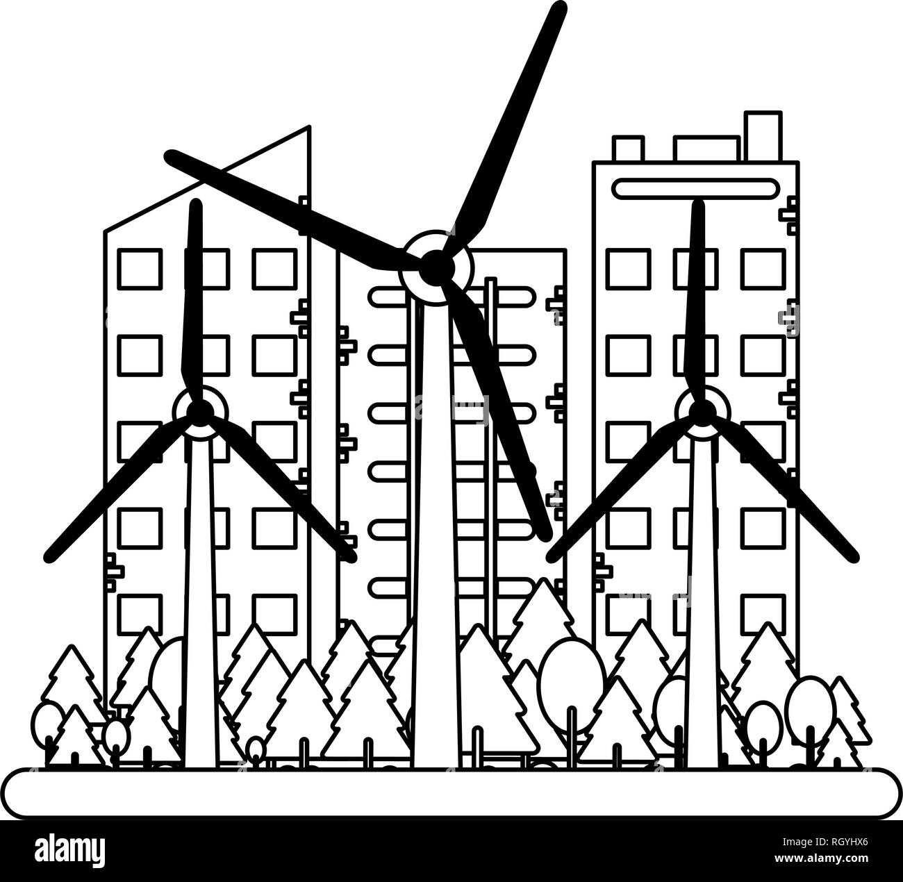 Building and wind turbines black and white Stock Vector Image & Art - Alamy