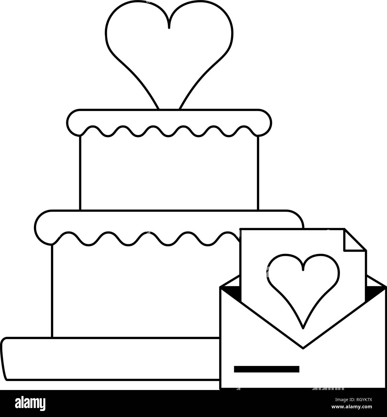 Cake with heart and love letter envelope black and white Stock Vector ...