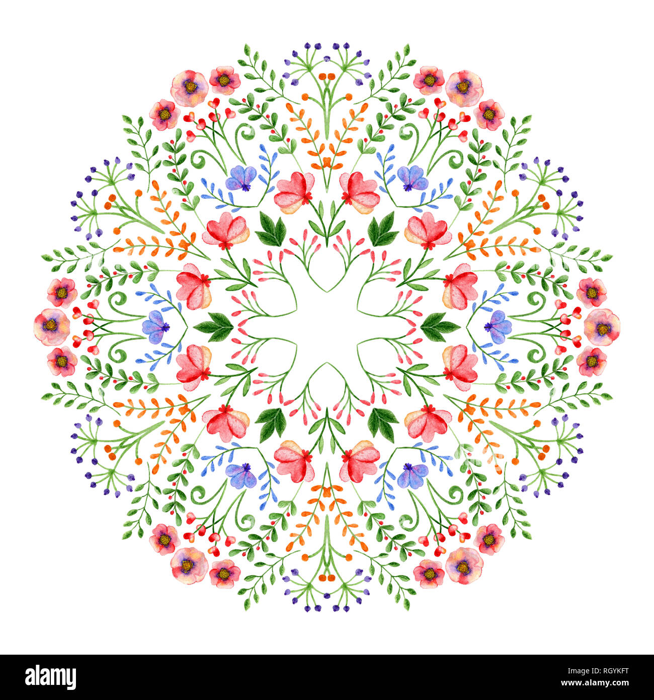 Watercolor mandala. Circular hand-drawn design with spring flowers and ...