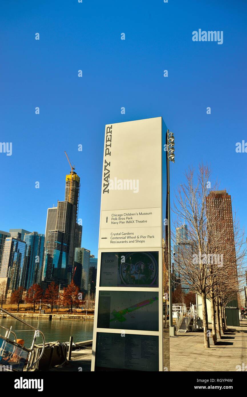 Chicago, Illinois, USA. An empty south concourse at Navy Pier on a cold ...