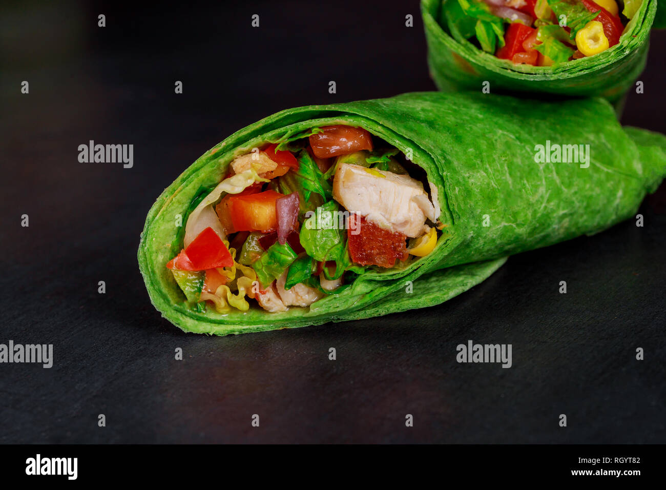 Healthy lunch snack. Stack of mexican street food burrito wraps fresh ...