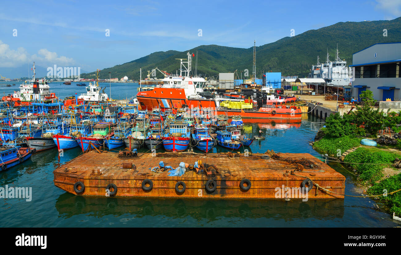 Da Nang, Vietnam - Jan 18, 2019. Wooden boats docking at Da Nang Pier ...