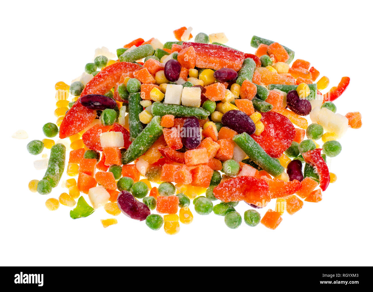 Bunch of frozen vegetables mix with beans isolated on white background ...