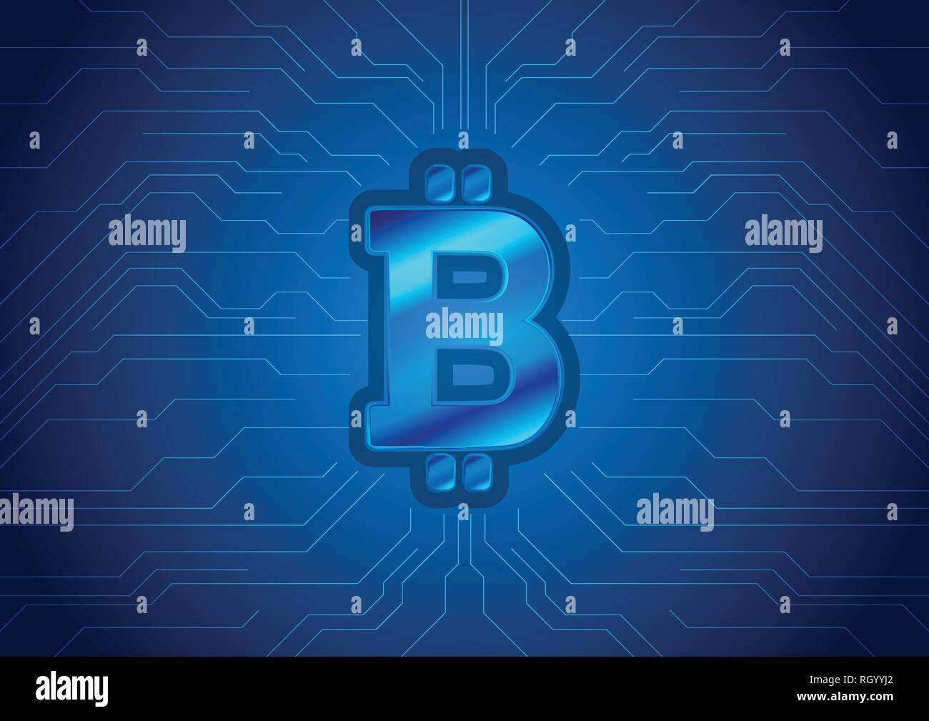 Blue technology background with bitcoin money emblem and circuit board ...