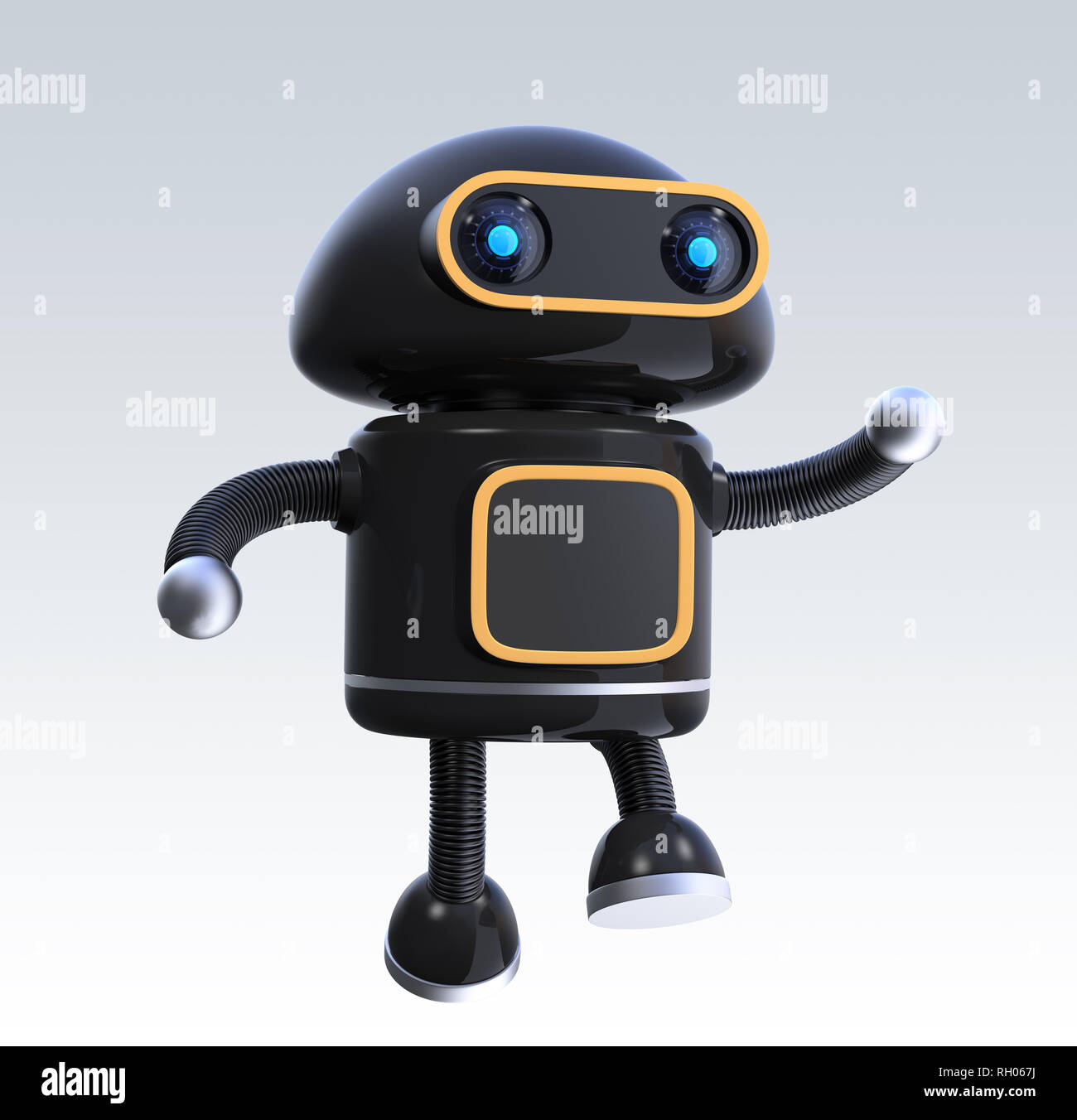 Black cute robot raise his hands and dancing on light gray background ...