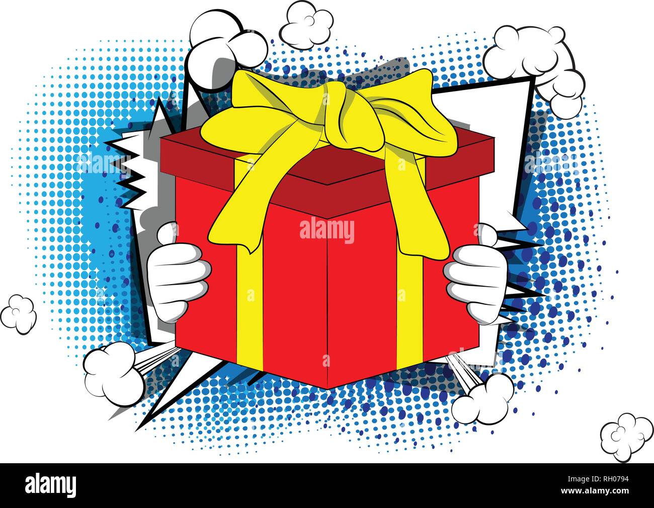Vector cartoon hand holding big gift box. Illustrated holiday sign on ...