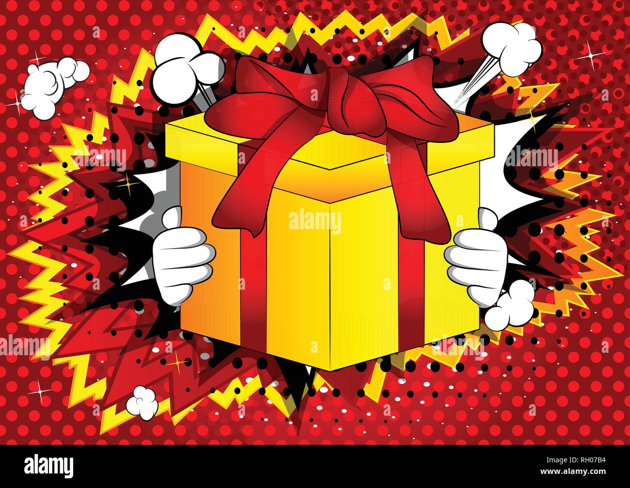 Vector cartoon hand holding big gift box. Illustrated holiday sign on ...