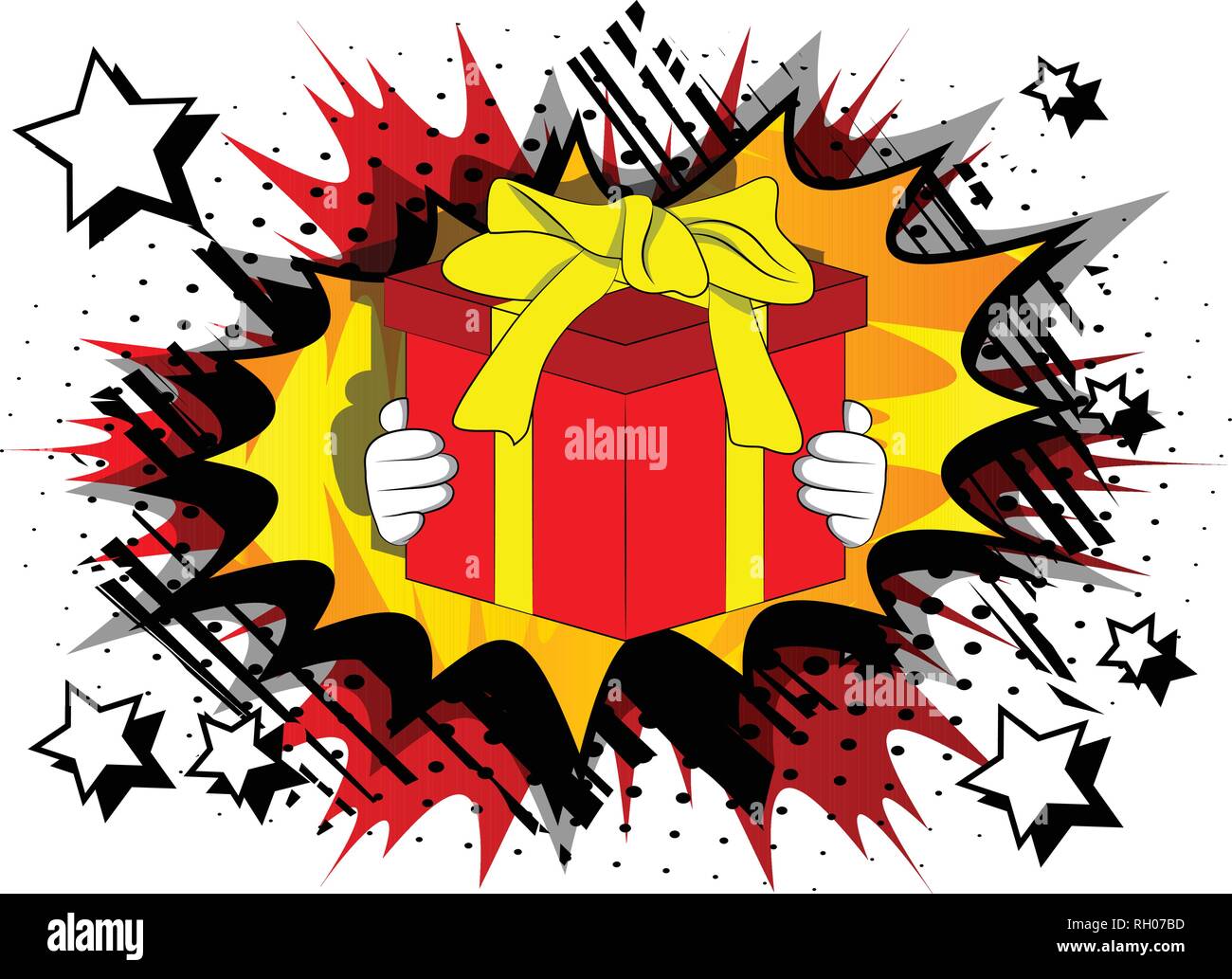 Vector cartoon hand holding big gift box. Illustrated holiday sign on ...