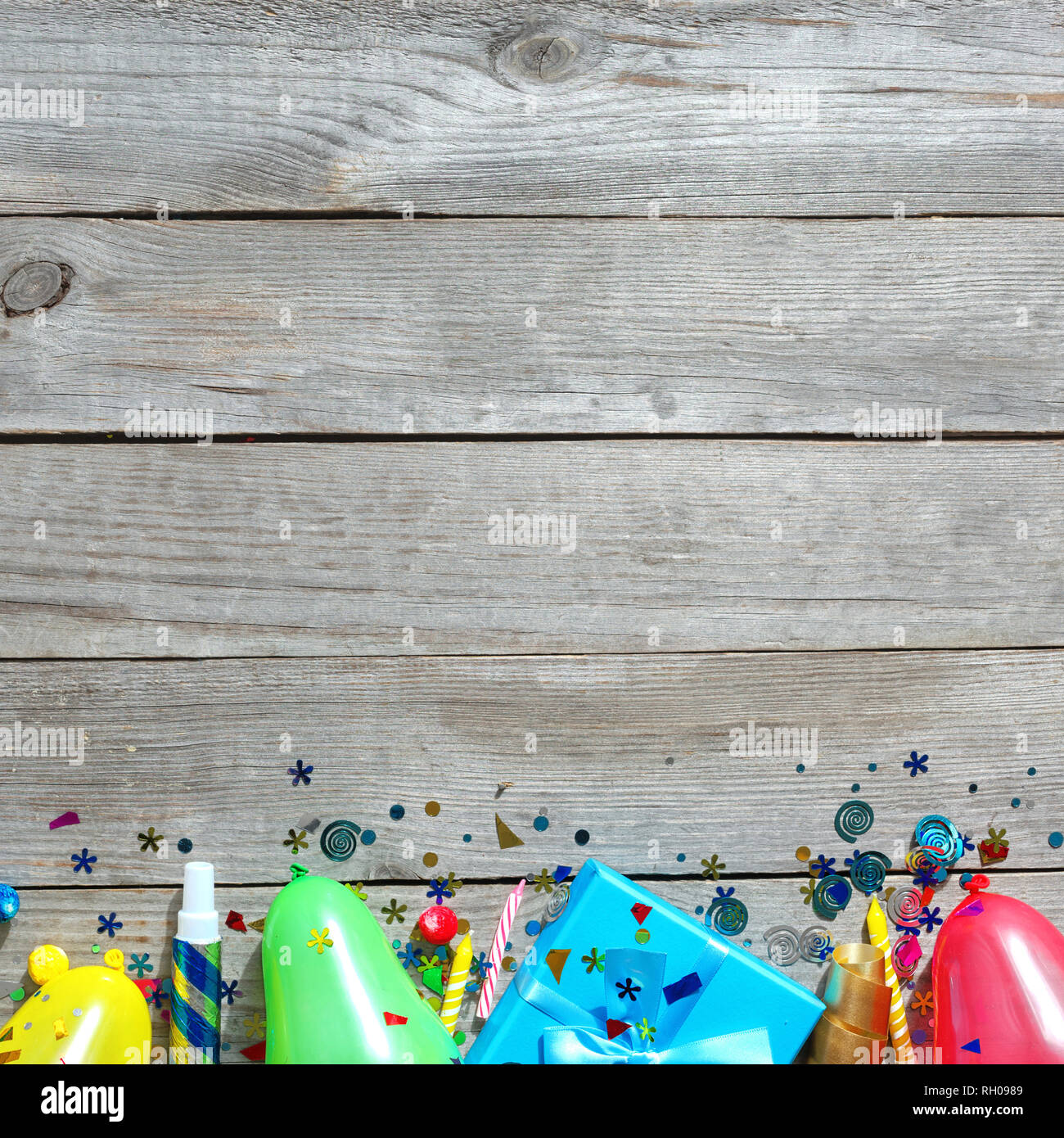 Top view birthday party background. Flat lay various decoration party ...