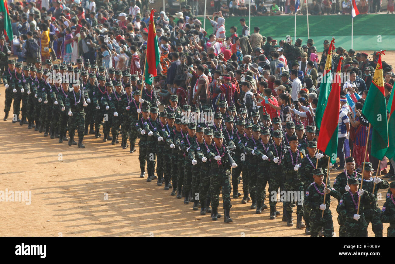 Karen National Union (KNU) soldiers parade at a ceremony to mark the ...