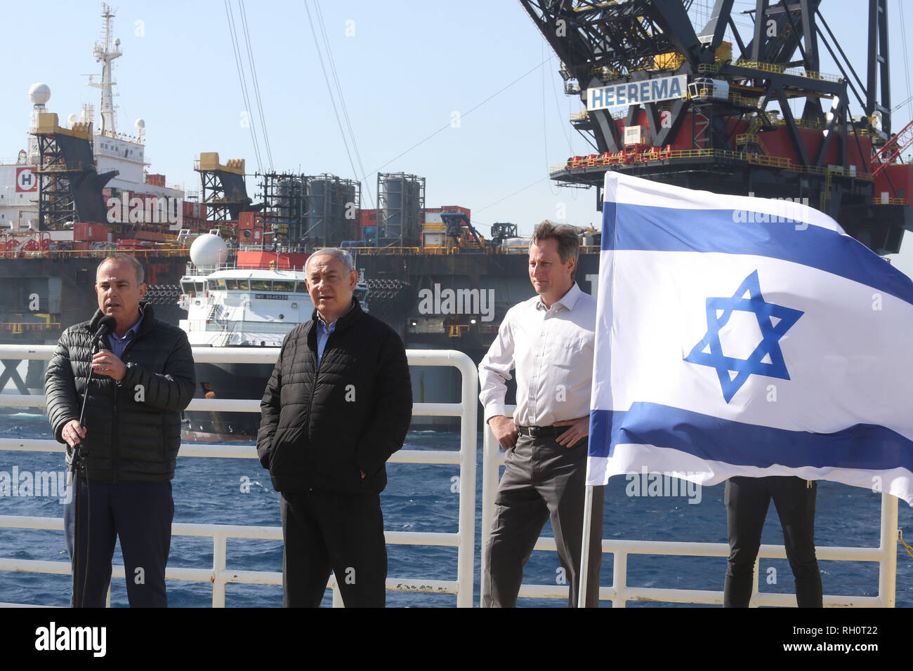 Leviathan Gas Platform, Israeli coast. 31st Jan, 2019. Israeli Prime ...