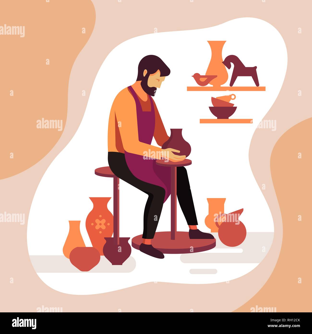 Master potter makes a clay vase. Vector illustration of the work of a ...