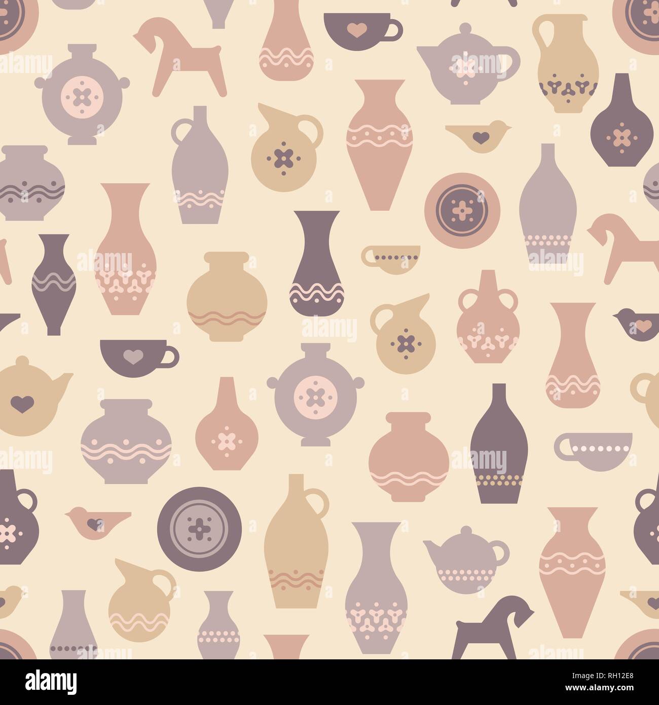 Vector pottery seamless pattern with vases and other pottery craft ...