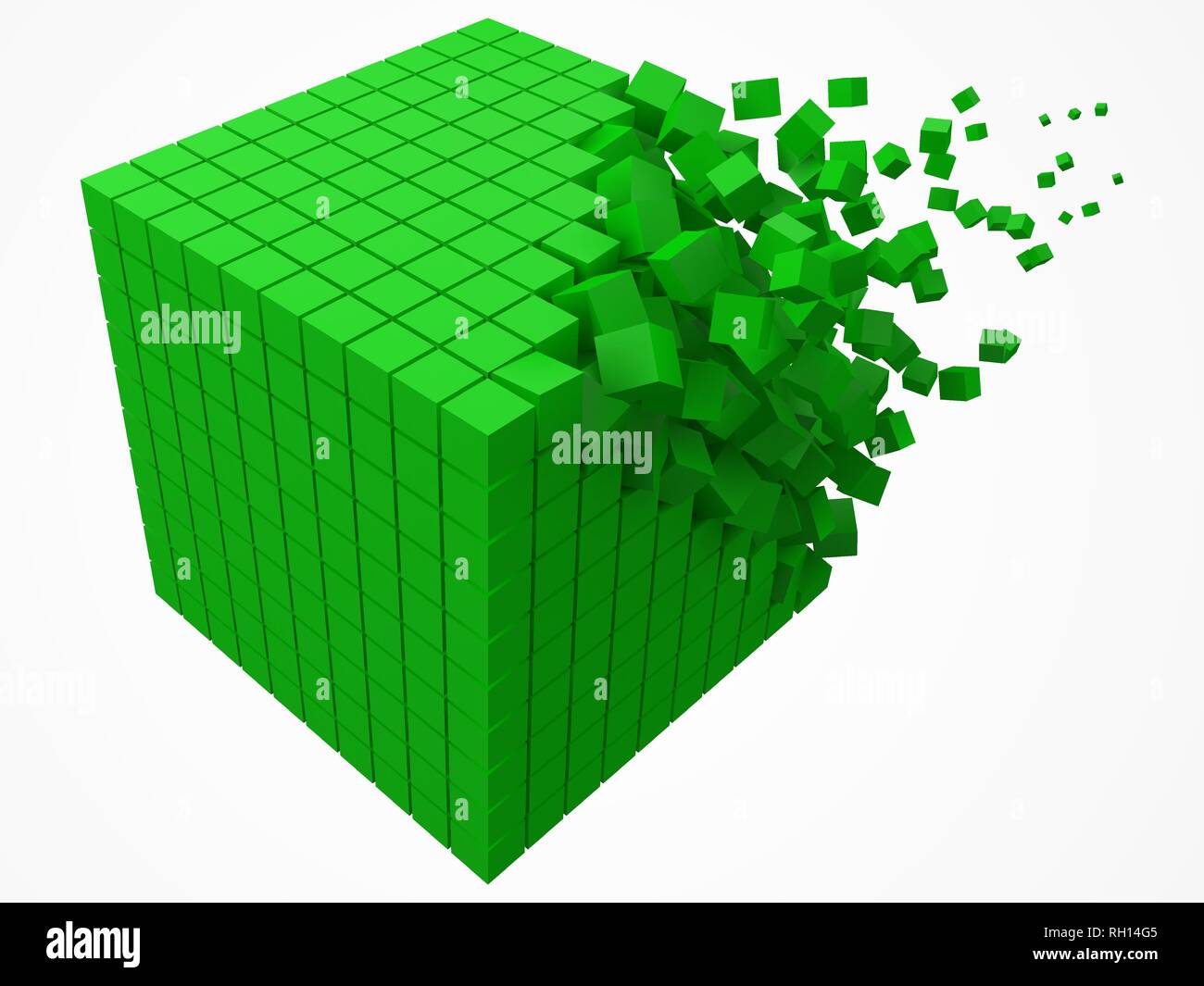 Dissolving Data Block Made With Smaller Green Cubes 3d Pixel Style Vector Illustration Stock 