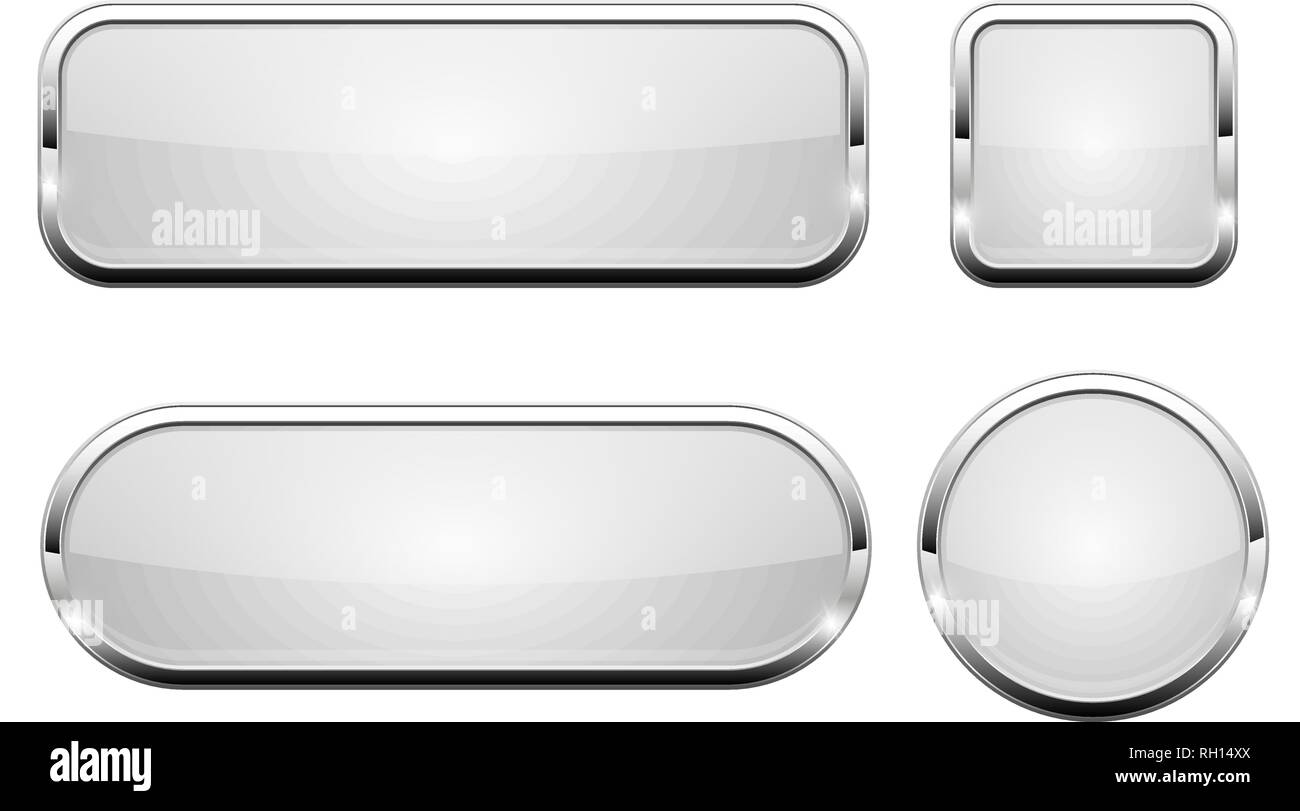 White glass 3d buttons. With chrome frame. Set of web icons Stock ...