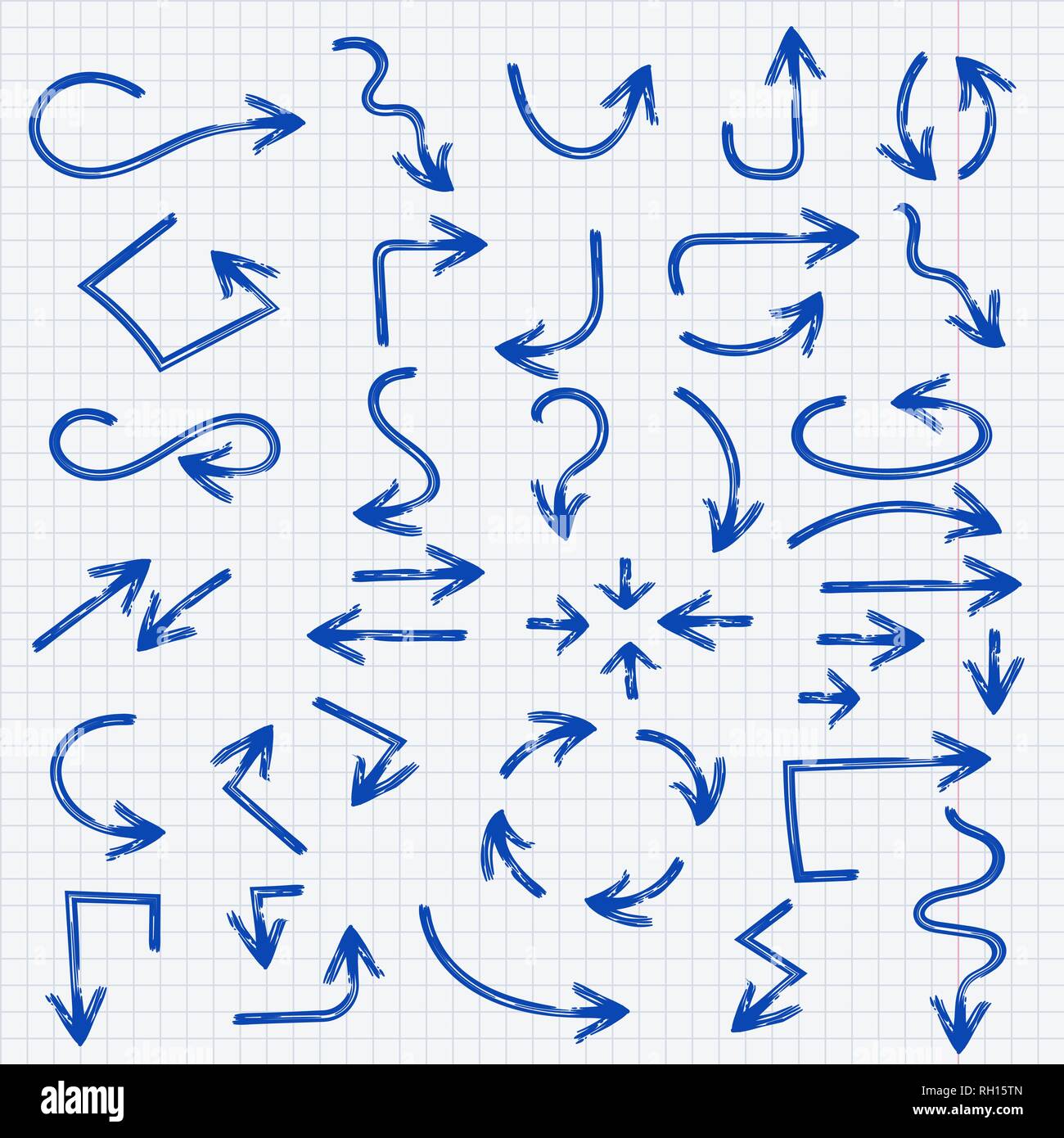 Blue arrows. Hand drawn with marker pen on lined paper background Stock ...