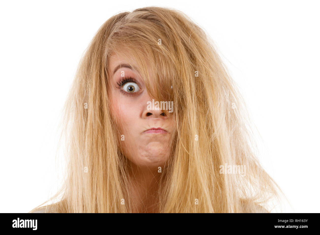 Emotions, face expression concept. Furiously mad angry blonde woman ...