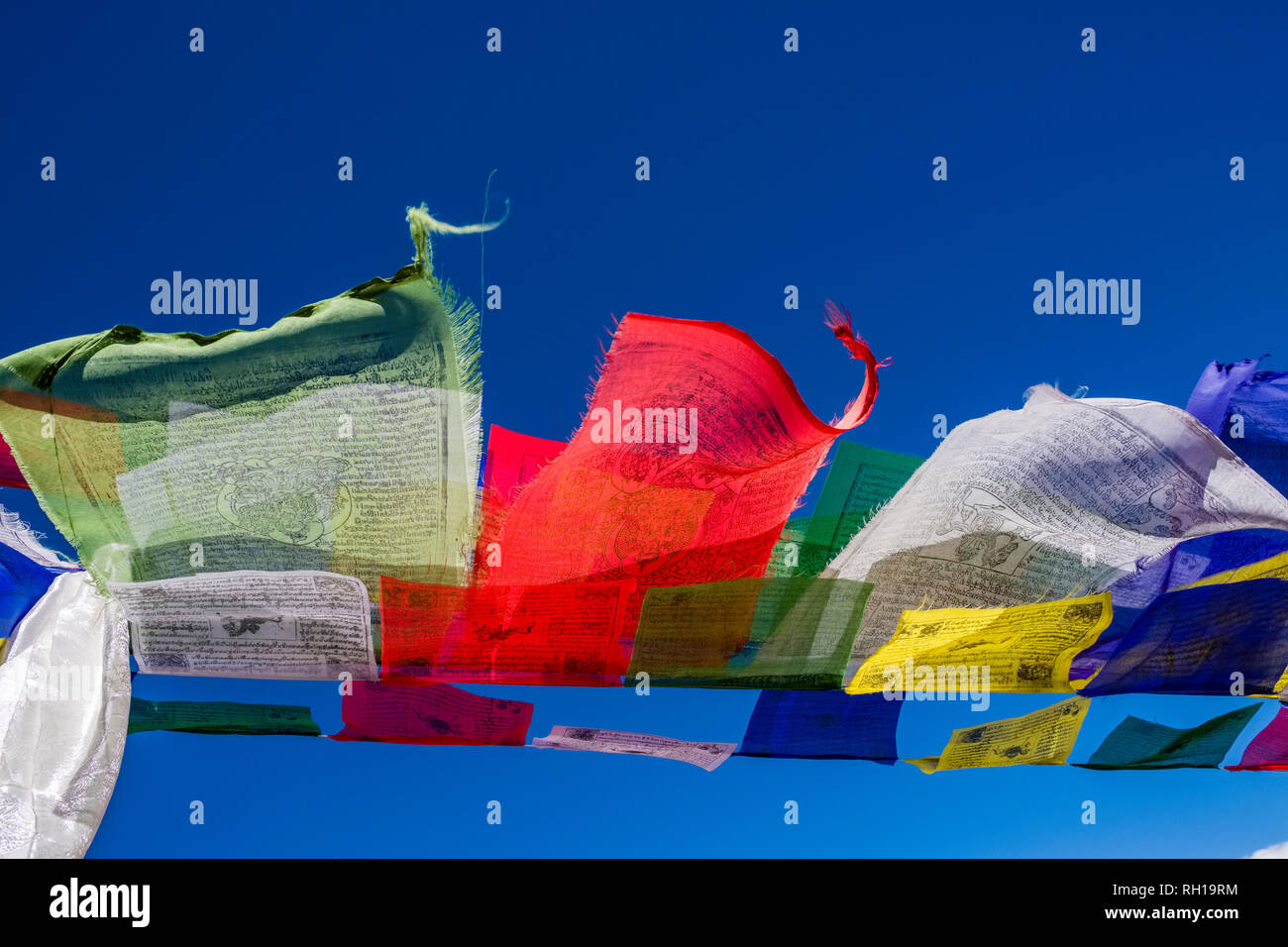 Colorful buddhist prayer flags are fluttering under blue sky Stock ...