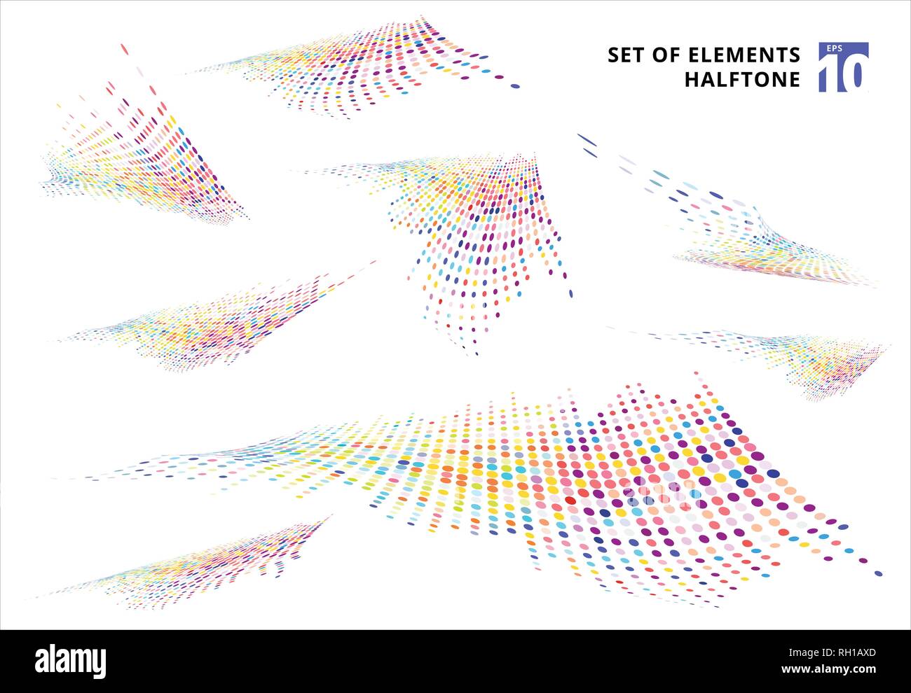 Set Of Abstract Colorful Halftone Texture Distortion Wave Dots Pattern Perspective Isolated On