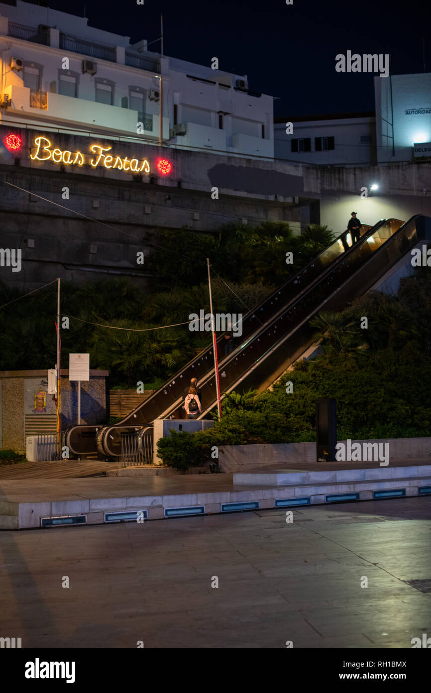 Albufeira City Center at Night with view of Ocean and beach. Portugal ...