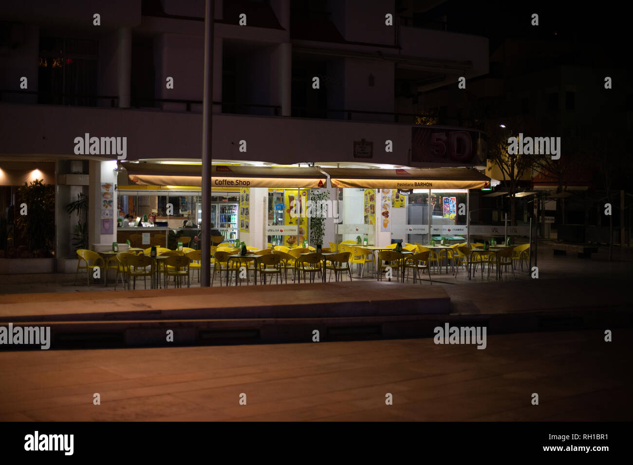 Albufeira City Center at Night with view of Ocean and beach. Portugal ...