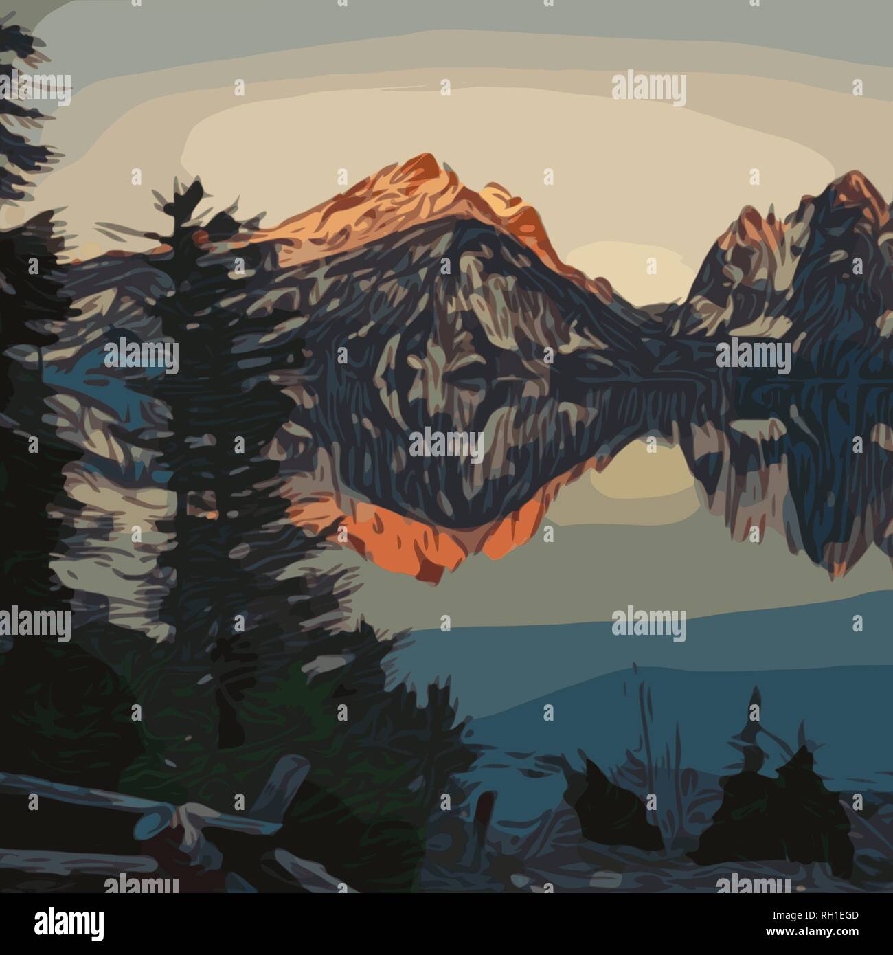 alpine landscape with sunset, plain color sketch, vector illustration ...