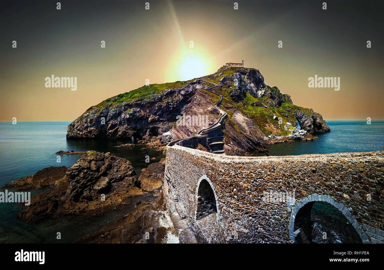 Stairs in San juan de Gaztelugatxe in Basque Country at sunset Stock ...