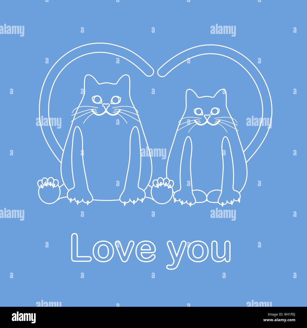 Vector illustration of two cats with heart shaped tails. Love, romantic ...